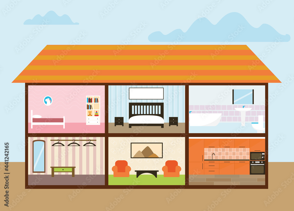 Cutaway house with rooms and furniture. Cartoon illustration Stock ...