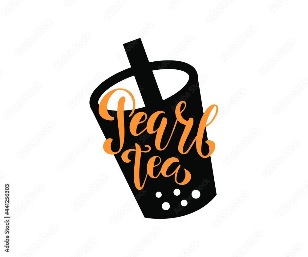 Pearl tea lettering. Cute Asian Boba milk and juice tea icons. Can be ...