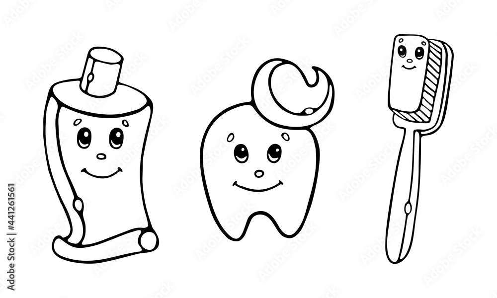 Toothpaste, Tooth, Toothbrush Vector illustration. Cartoon doodle ...