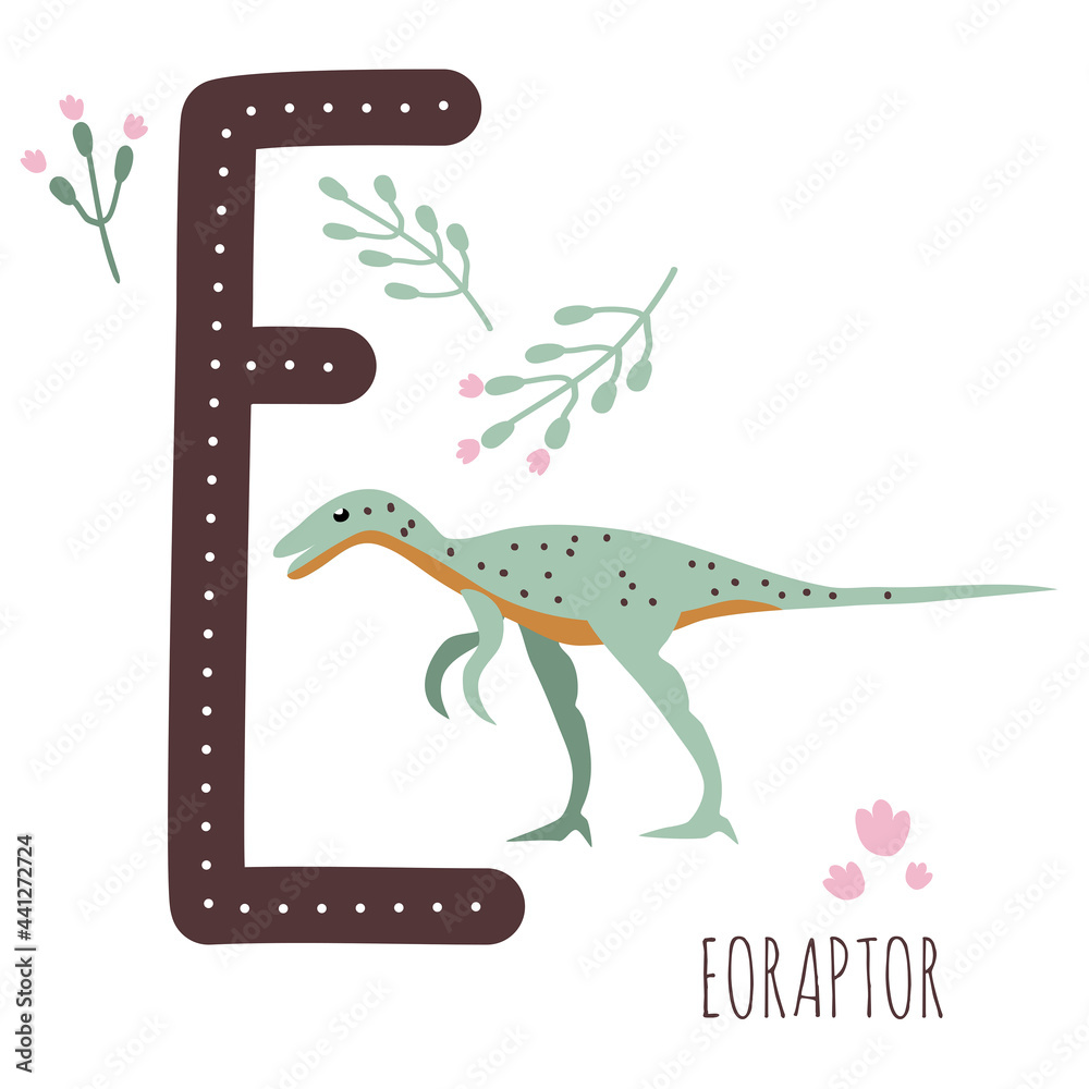 Vector de Stock Eoraptor.Letter E with reptile name.Hand drawn cute ...