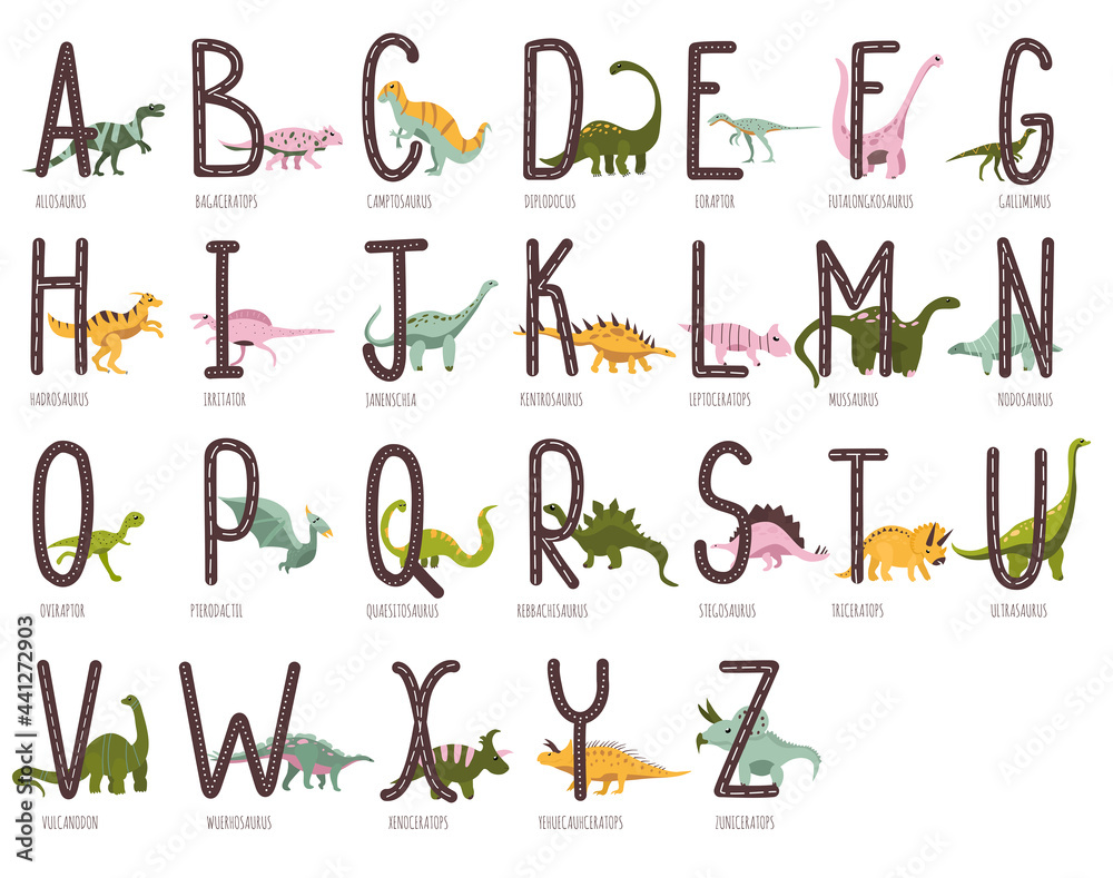 Dino alphabet.Hand drawn cute dinosaurs.Educational prehistoric ...
