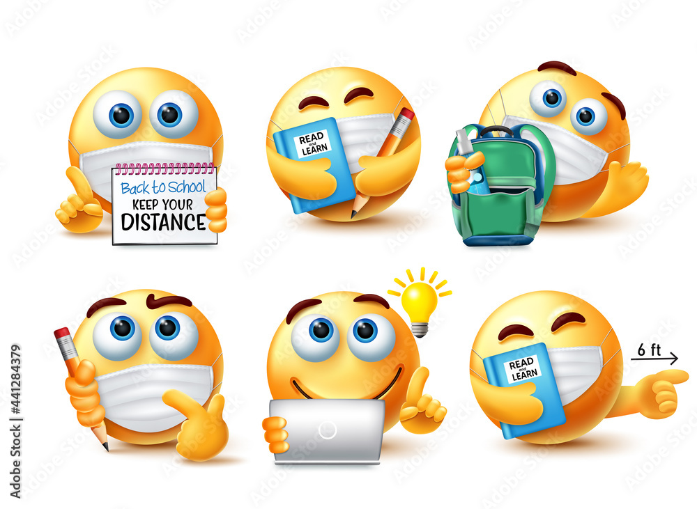 Smiley back to school safety guidelines vector set. Emojis 3d student ...