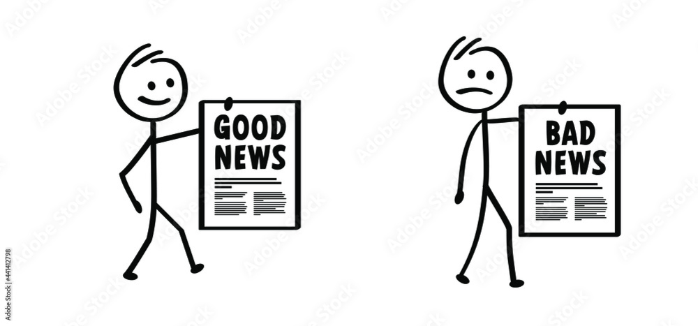 Greet news. Cartoon stickman with good news and bad news. Vector stick ...