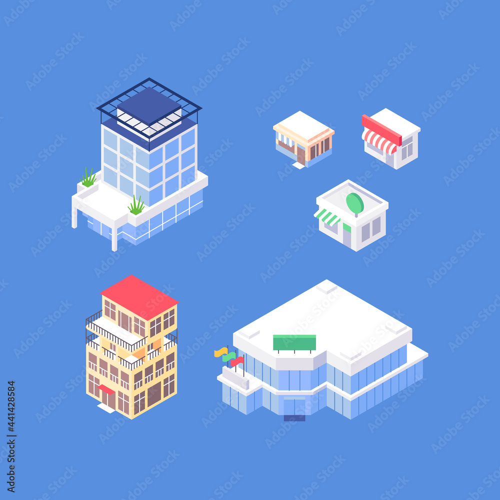 Set of isometric downtown objects. Organic flat city buildings ...