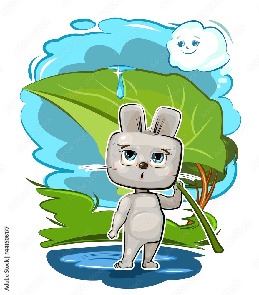 Funny cute little hare hides from the rain under a burdock. The cloud ...