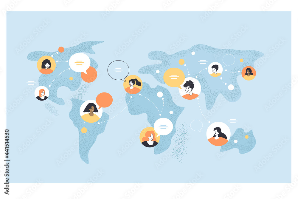World map with people of different cultures talking. Men and women ...