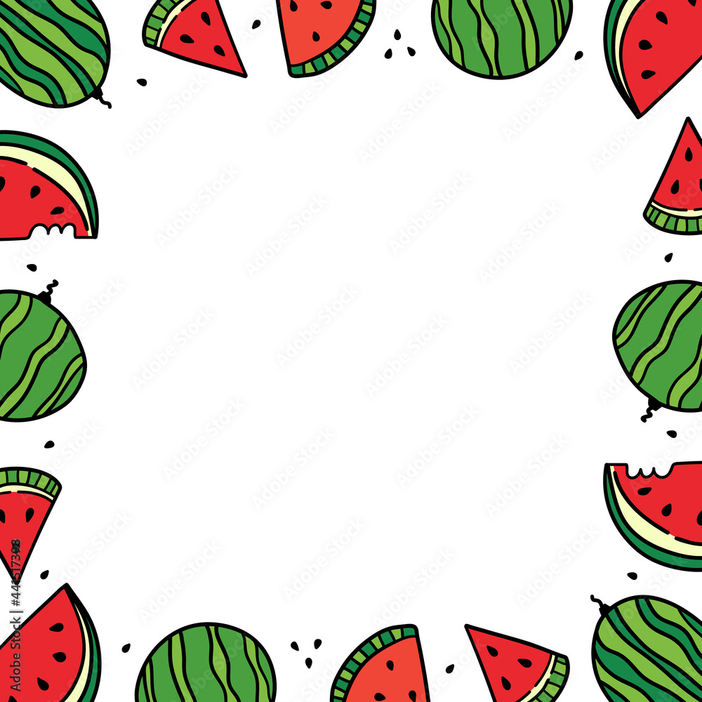Cute doodle style whole and sliced watermelons vector square frame ...