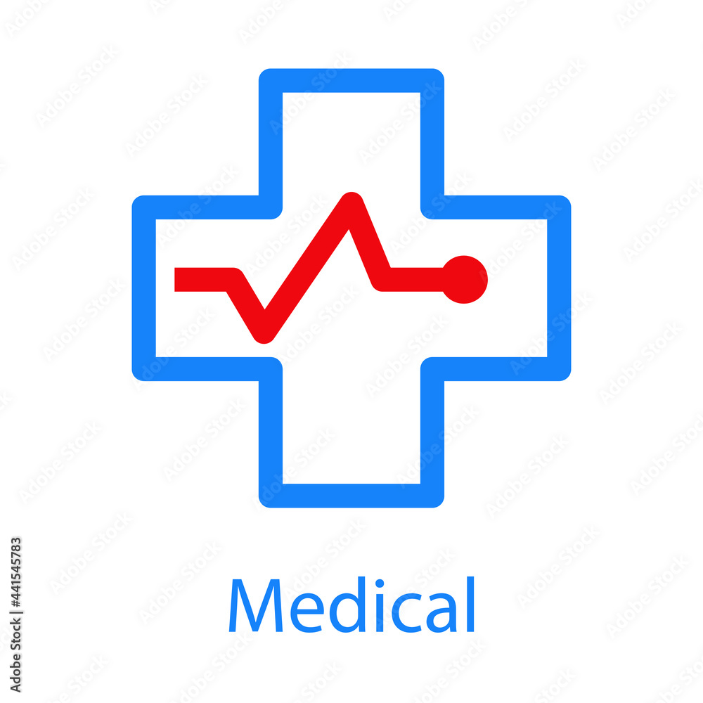 Logo con texto Medical con cruz con ritmo cardiaco con lineas en color ...