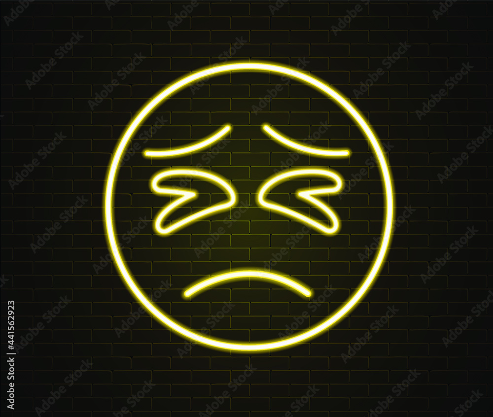 Neon yellow face vector illustration isolated on brick wall. Sad face ...