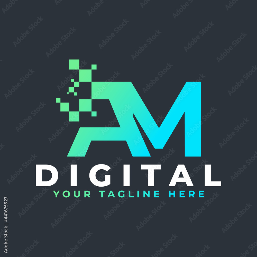 Tech Letter AM Logo. Blue and Green Geometric Shape with Square Pixel ...