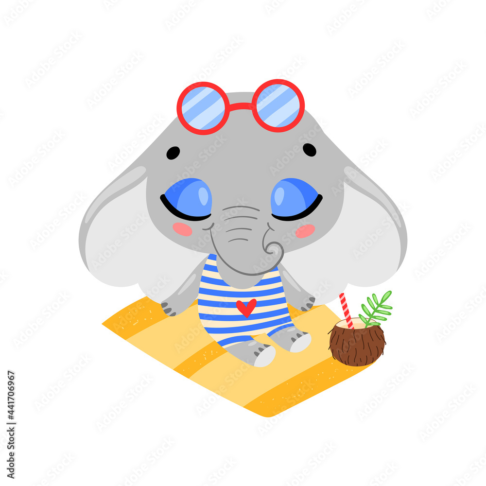 Flat doodle cute cartoon summer elephant sunbathing on the beach ...