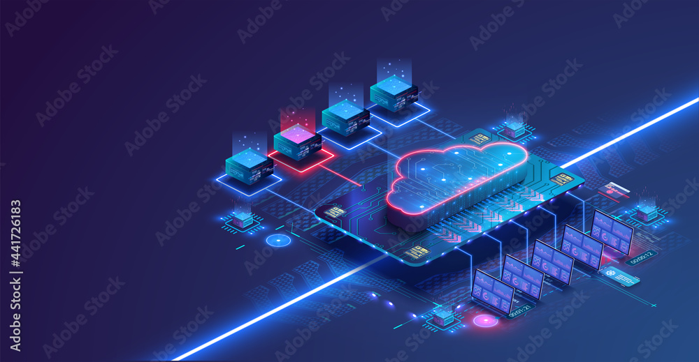 Data center isometric concept. Server room with hardware racks or web ...
