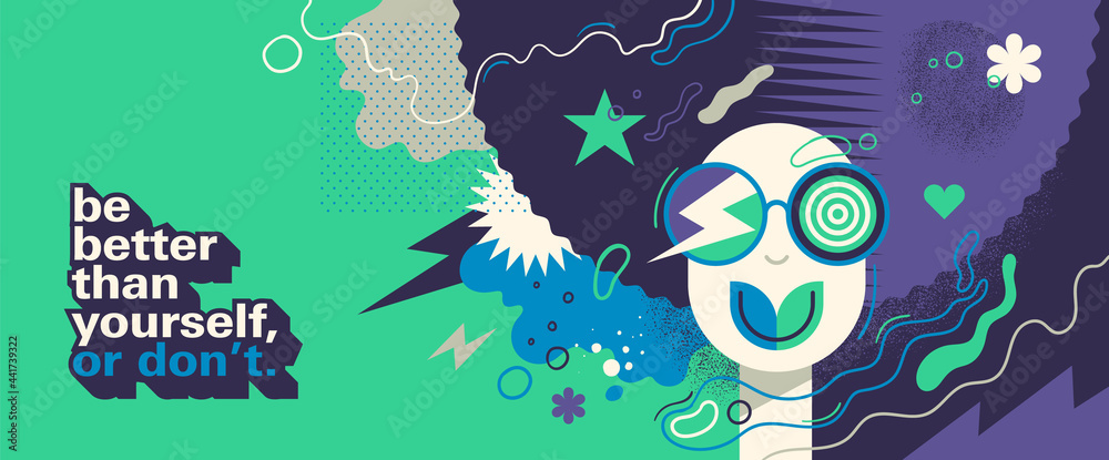 Colorful funky style illustration with abstract shapes and slogan ...