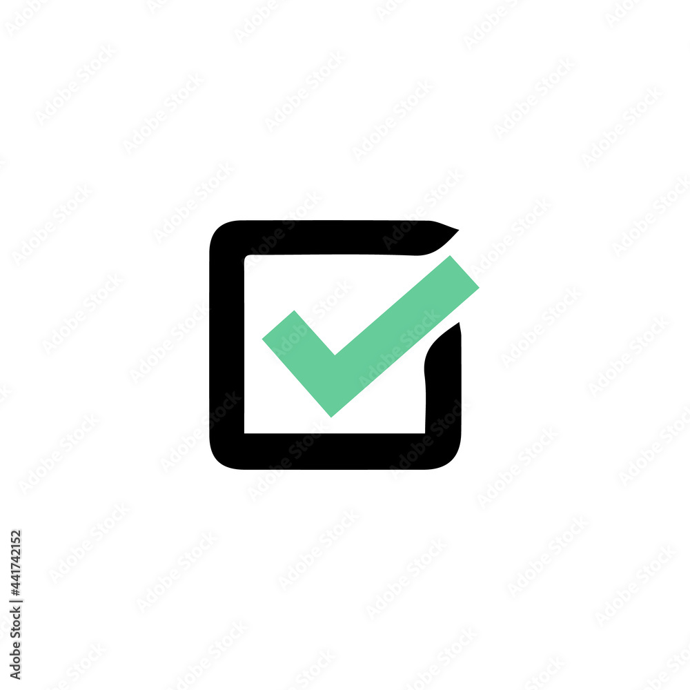 Green check mark icon in black square isolated on white background ...