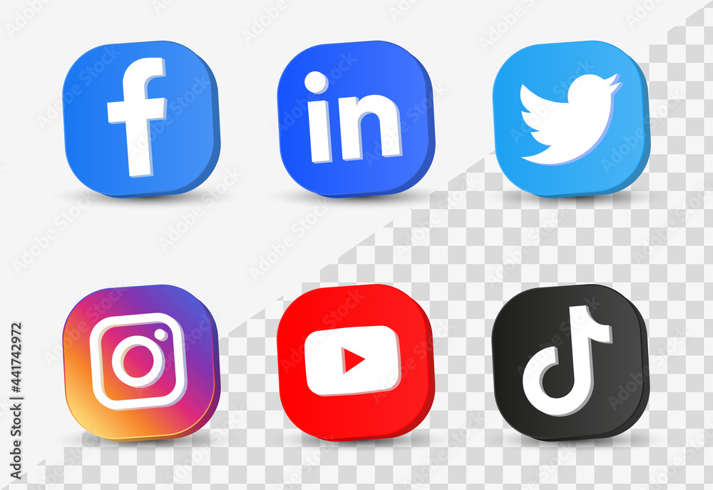 Popular social media icons in 3d buttons or network platforms logos, facebook, instagram ...