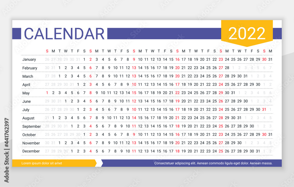 2022 year calendar. Linear planner template. Yearly horizontal calender ...