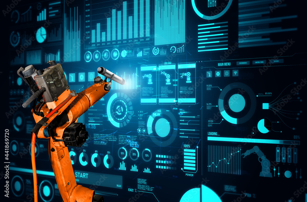 Robot arm AI analyzing mathematics for mechanized industry problem solving . Concept of robotics ...