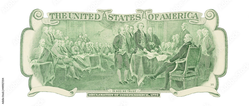 Engraved reproduction of the painting Signing of the Declaration of ...