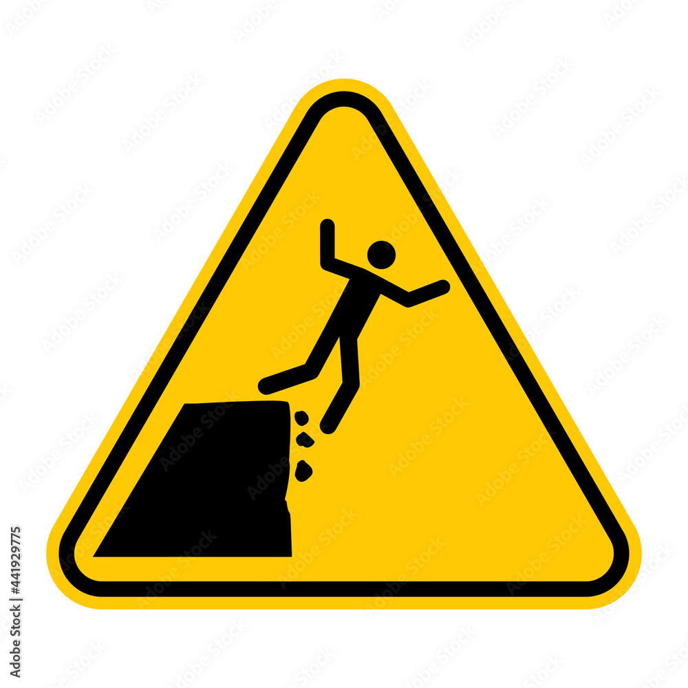 Unstable cliff edge warning sign. Vector illustration of yellow ...