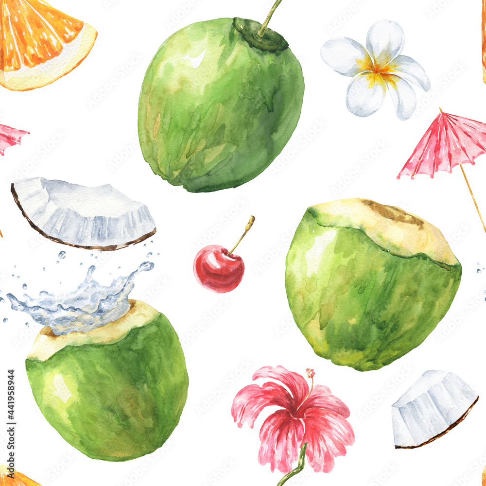 Watercolor green coconut seamless pattern. Watercolour repeating ...