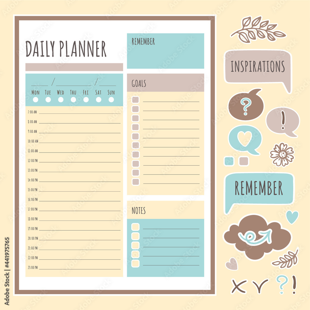 Стоковий вектор YELLOW DAILY PLANNER Stickers Printable Page Template ...