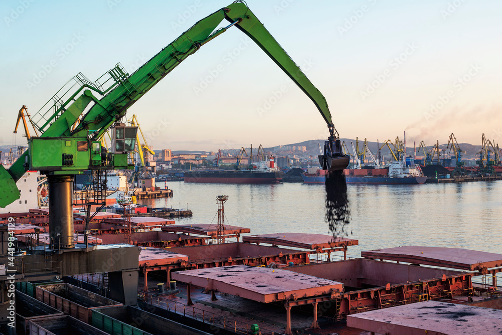 A manipulator crane in the seaport is used for unloading wagons and ...