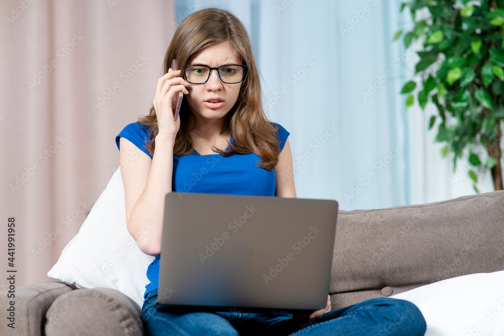 Young stressed woman, angry nervous girl customer is calling at ...