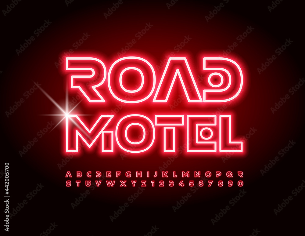 Vector bright sign Road Motel. Set of Red Neon Alphabet Letters and ...