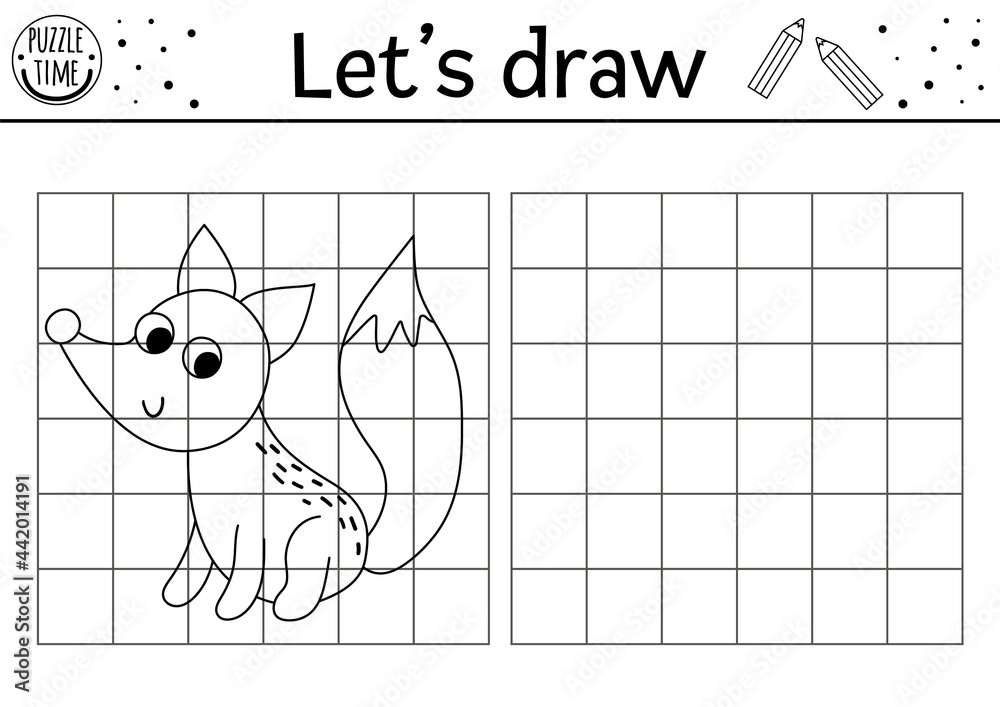 Complete the fox picture. Vector forest drawing practice worksheet ...