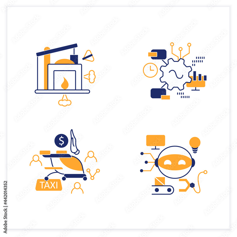 Digital transformation flat icons set. Robot, free air taxi, software ...