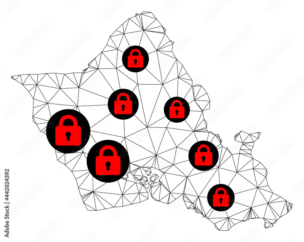 Polygonal mesh lockdown map of Oahu Island. Abstract mesh lines and locks form map of Oahu ...