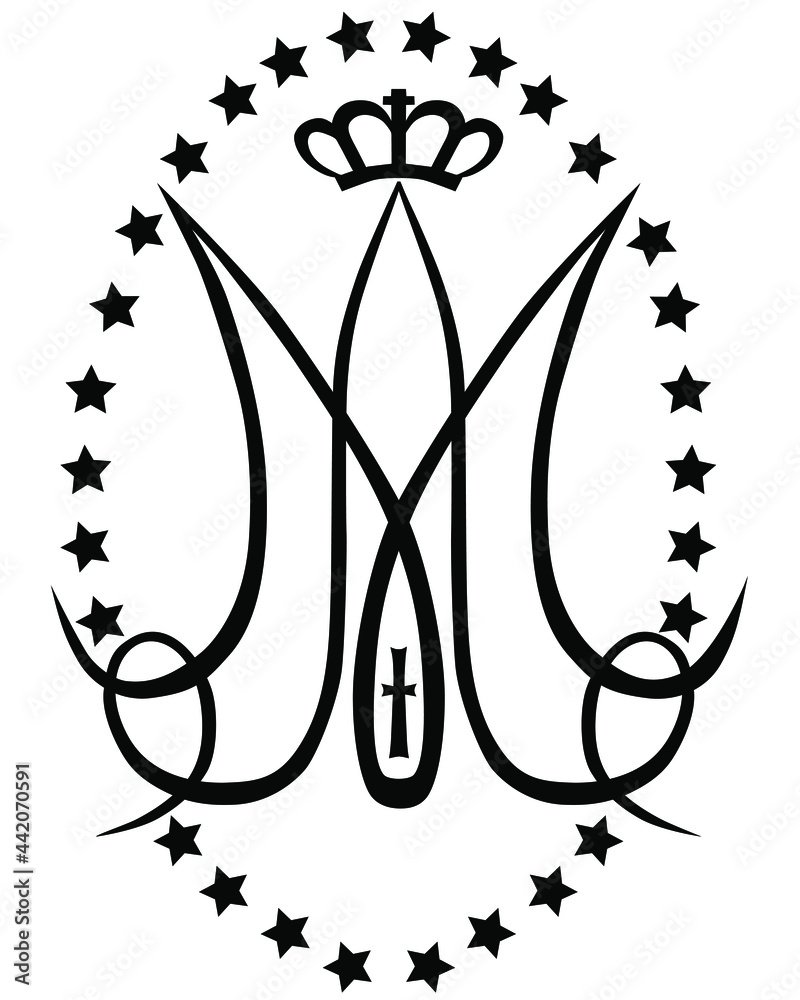 Ave Maria. Monogram of the Blessed Virgin Mary with crown, cross and ...
