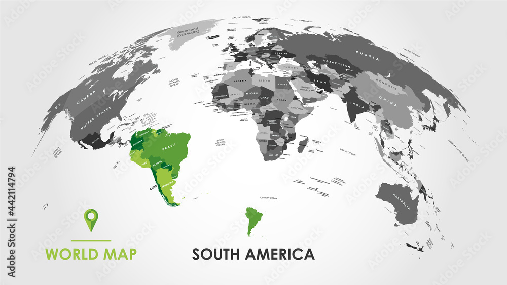 Detailed global world map, with borders and names of countries, seas ...