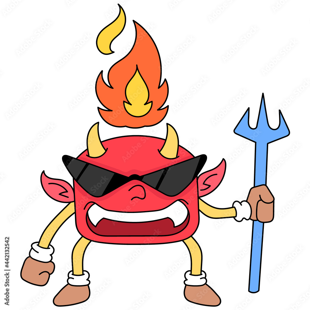 little devil with fire on his head carrying a spear wants to do evil ...