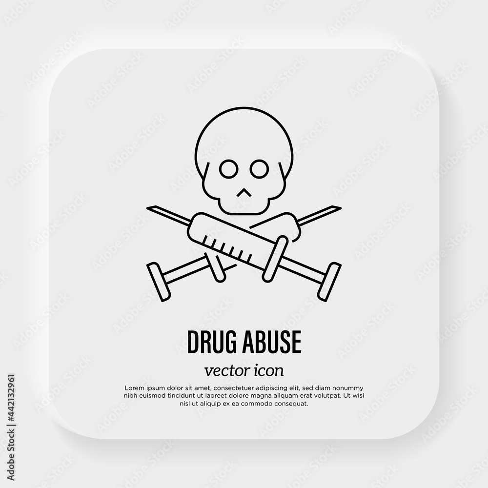 Drug abuse thin line icon. Say no to drug. Skull with crossed syringes ...