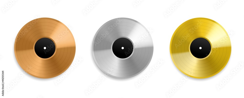 Realistic vinyl record. Metal golden and platinum top charts audio ...