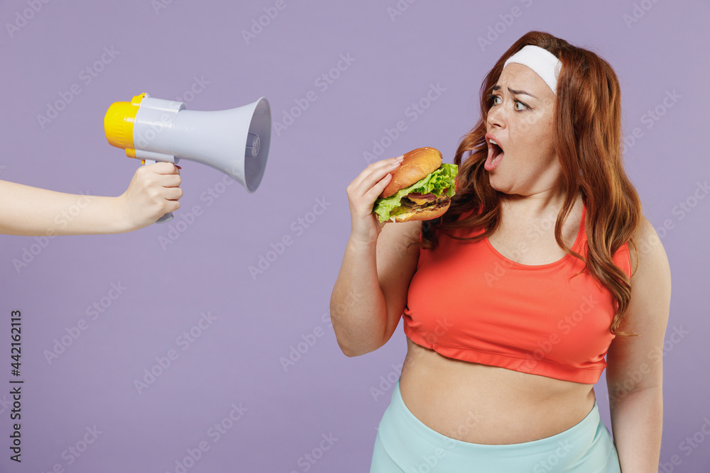 Young scared chubby overweight plus size fat fit woman wear red top ...