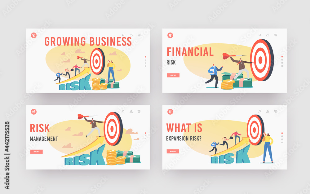 Growing Business, High Risk Project Landing Page Template Set. Tiny Characters Throw Huge Darts ...