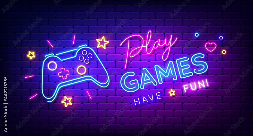 Play Games have fun neon sign with game pad, bright signboard, light ...