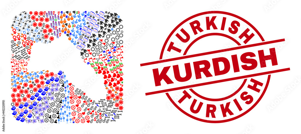Vector mosaic Kurdistan map of different symbols and Turkish Kurdish ...