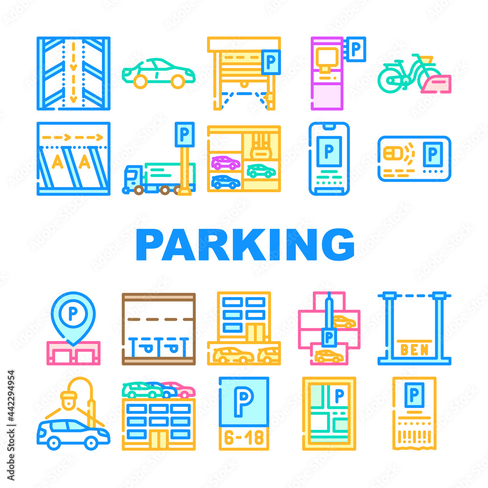 Parking Transport Collection Icons Set Vector. Electronic Parking ...