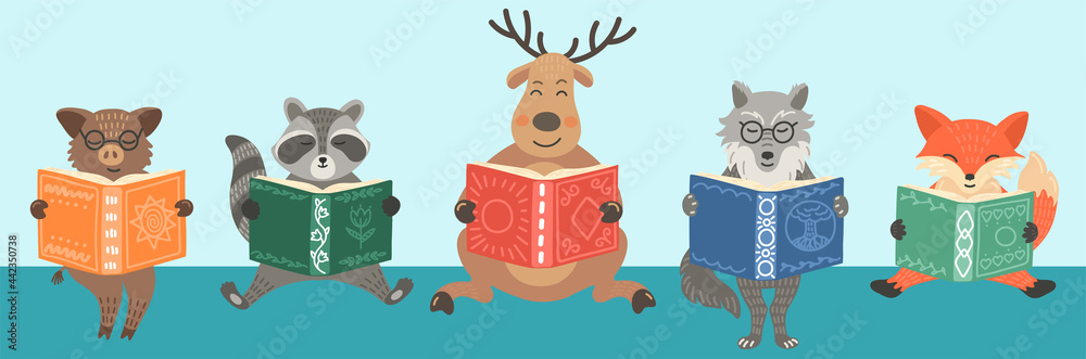 Cute woodland animals read books. Children's vector illustration. Kids ...