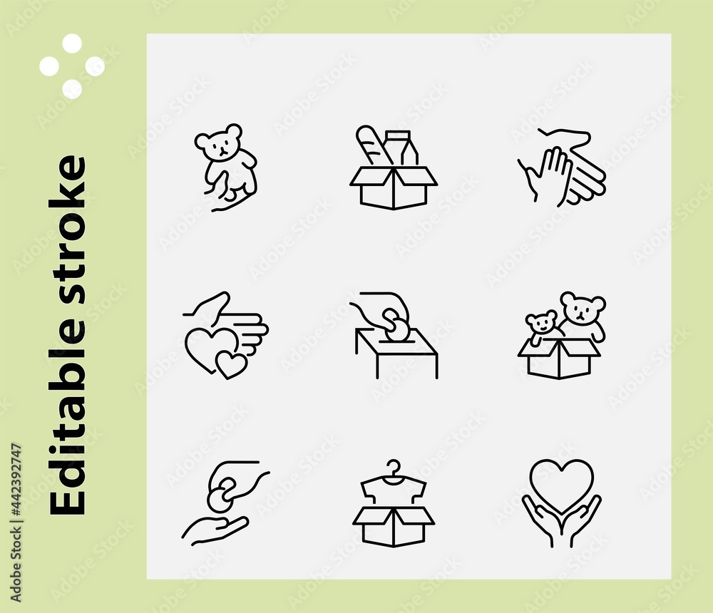 Charity Icon Set Donations, Vector linear Icons, set has a box of ...