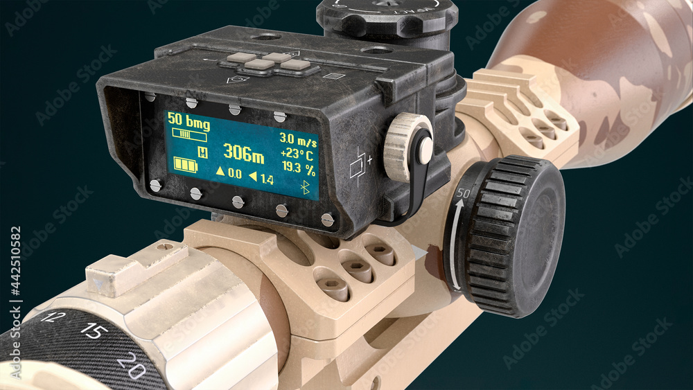 3D render of an optical sight with a ballistic computer for long-range ...