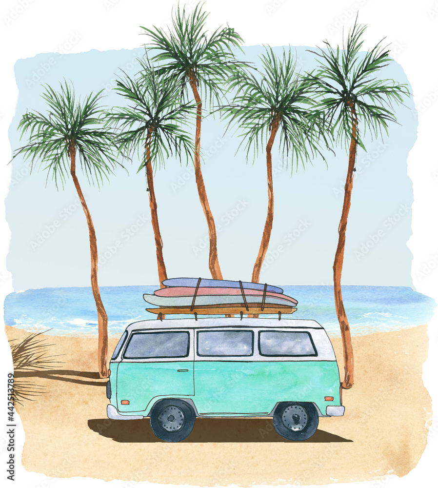 ภาพประกอบ Stock Watercolor beach clipart, Best friend summer trip ...