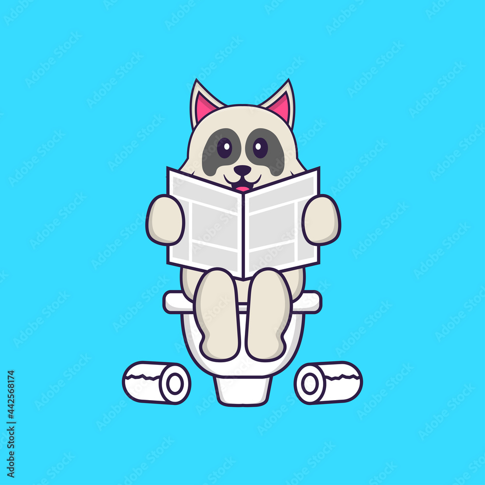 Cute dog Pooping On Toilet and read newspaper. Animal cartoon concept ...