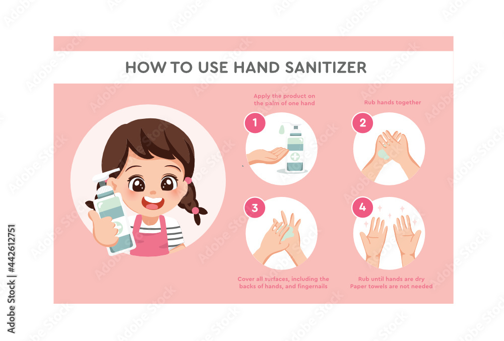 Girl character shows how to use hand sanitizer properly to clean and ...