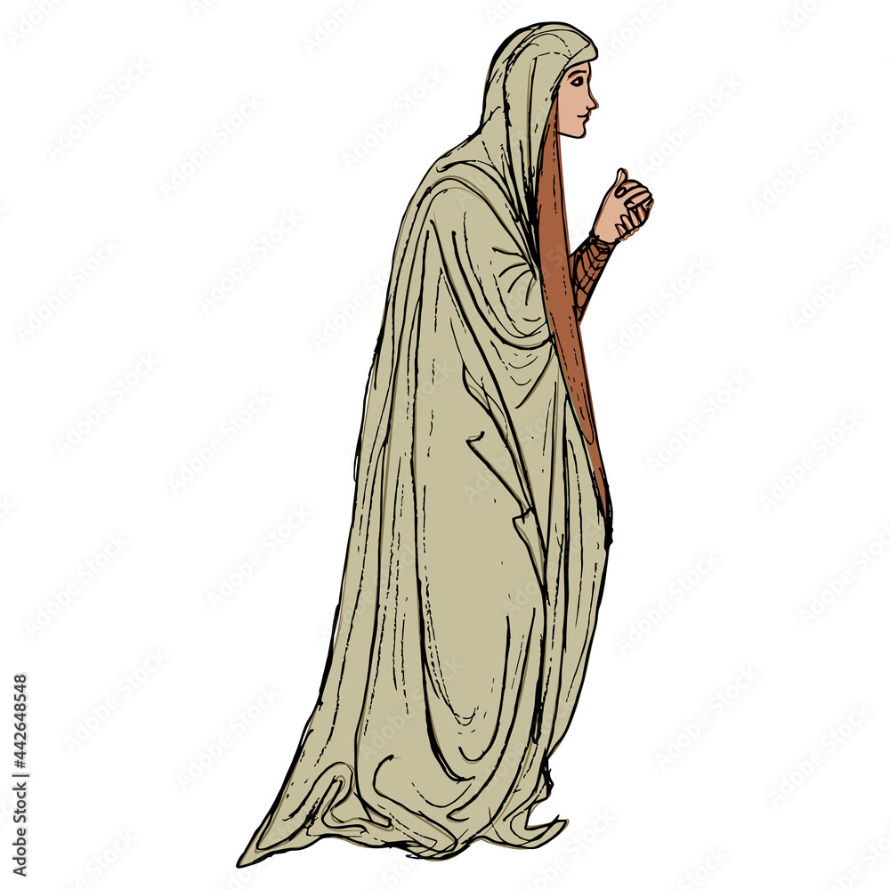 Standing praying medieval woman in profile in long mantle. Saint lady ...