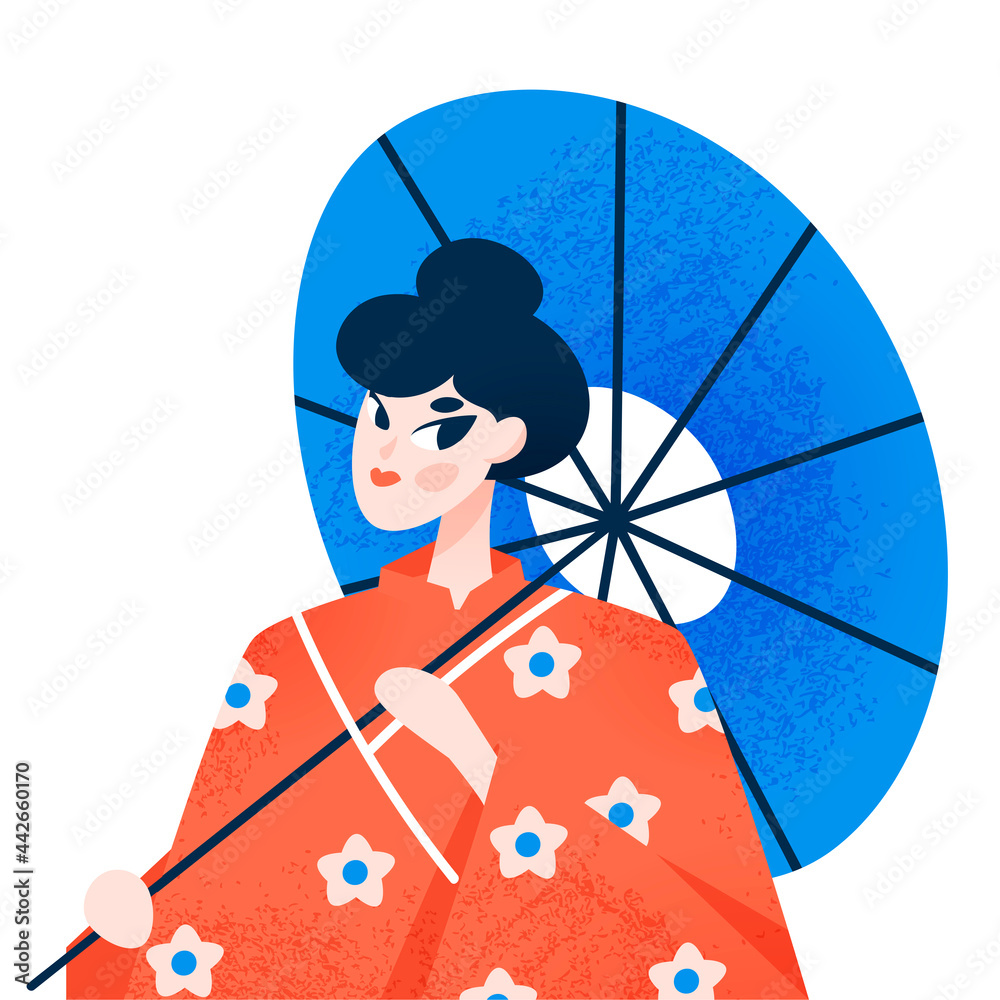 Geisha in traditional Japanese costume flat cartoon illustration. Asian ...