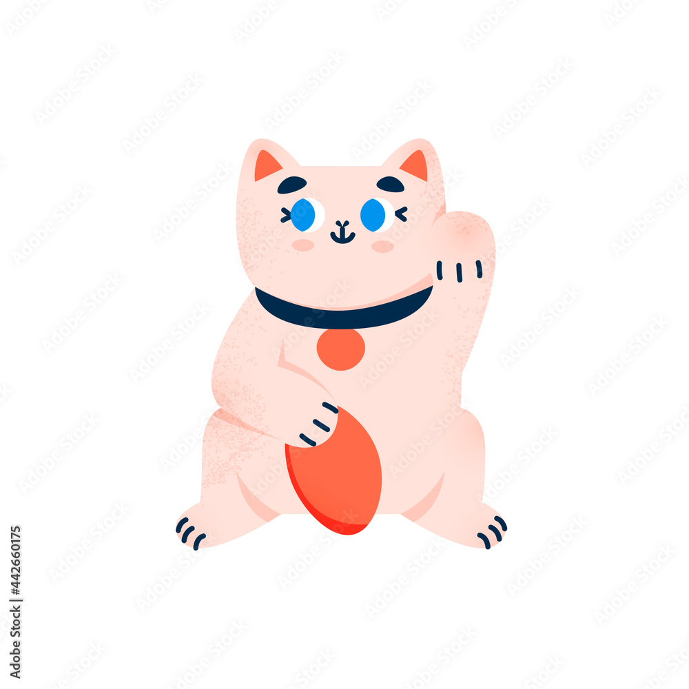 Maneki neko flat cartoon illustration. Japanese folklore symbol banner design. Asian culture ...